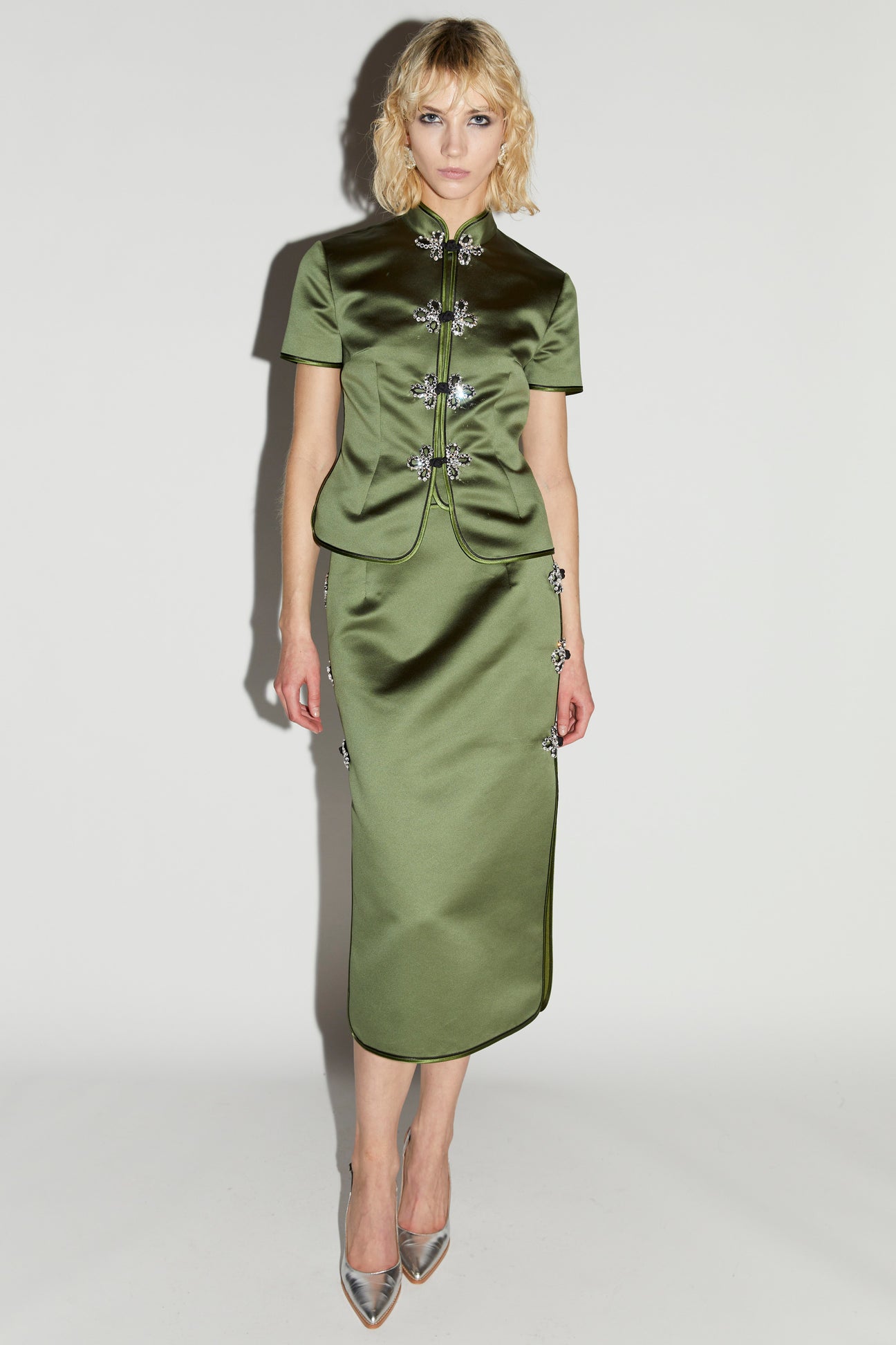 DANNY TOP OLIVE GREEN SATIN – HUISHAN ZHANG