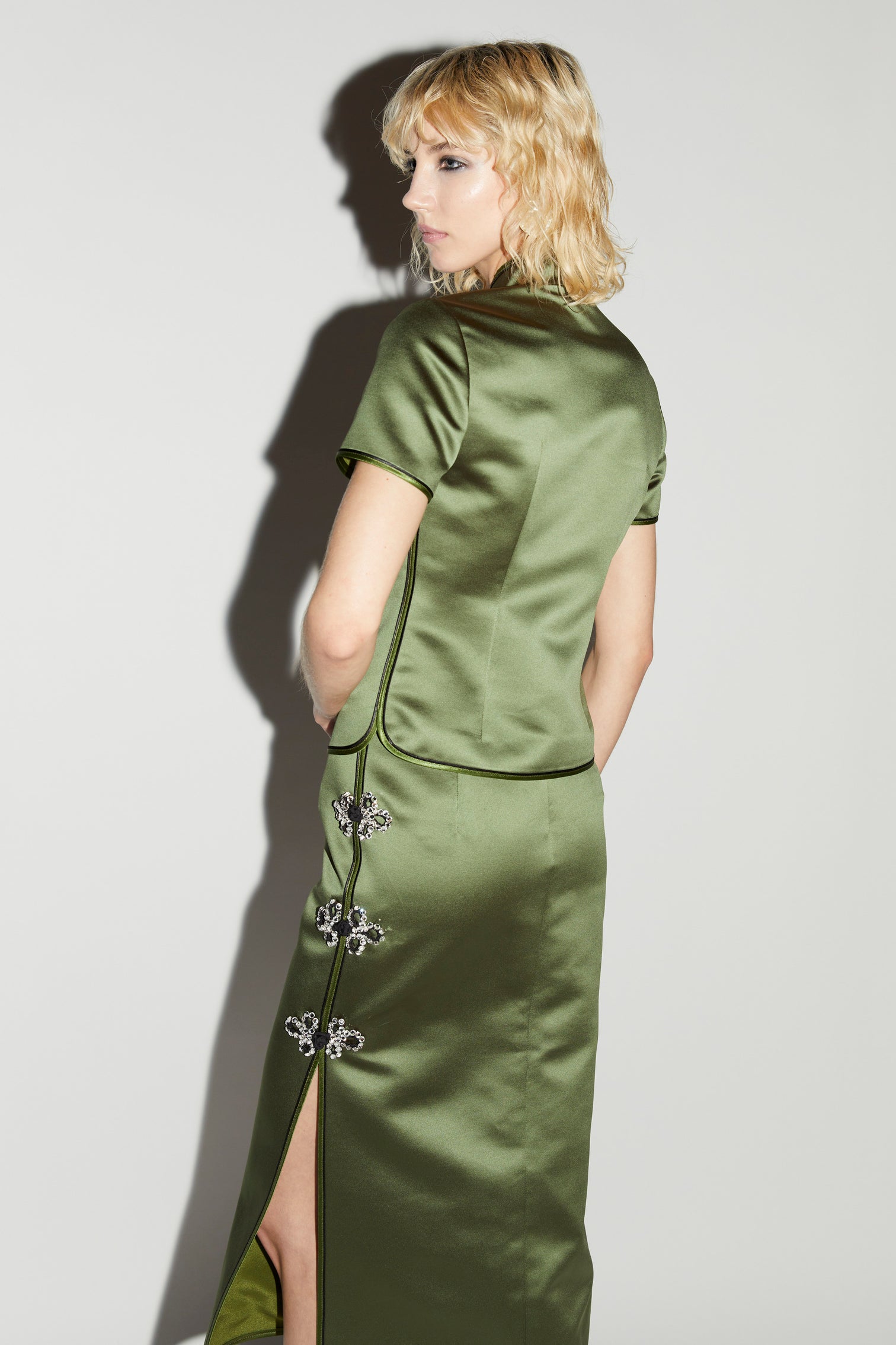 DANNY TOP OLIVE GREEN SATIN – HUISHAN ZHANG